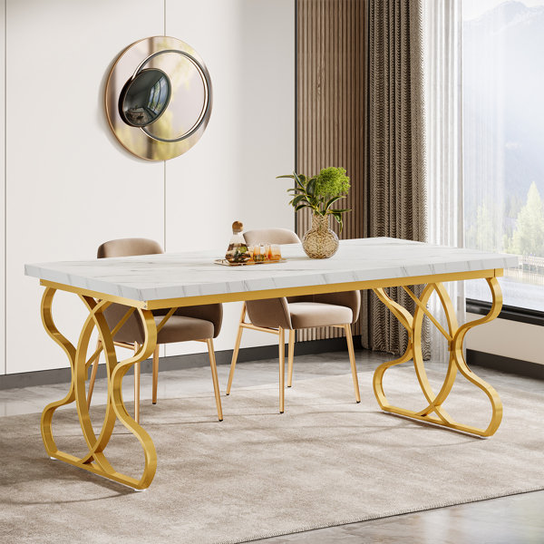 Mercer41 63" Large Modern Rectangle Dining Table Seats for 4-6 People, White and Gold | Wayfair